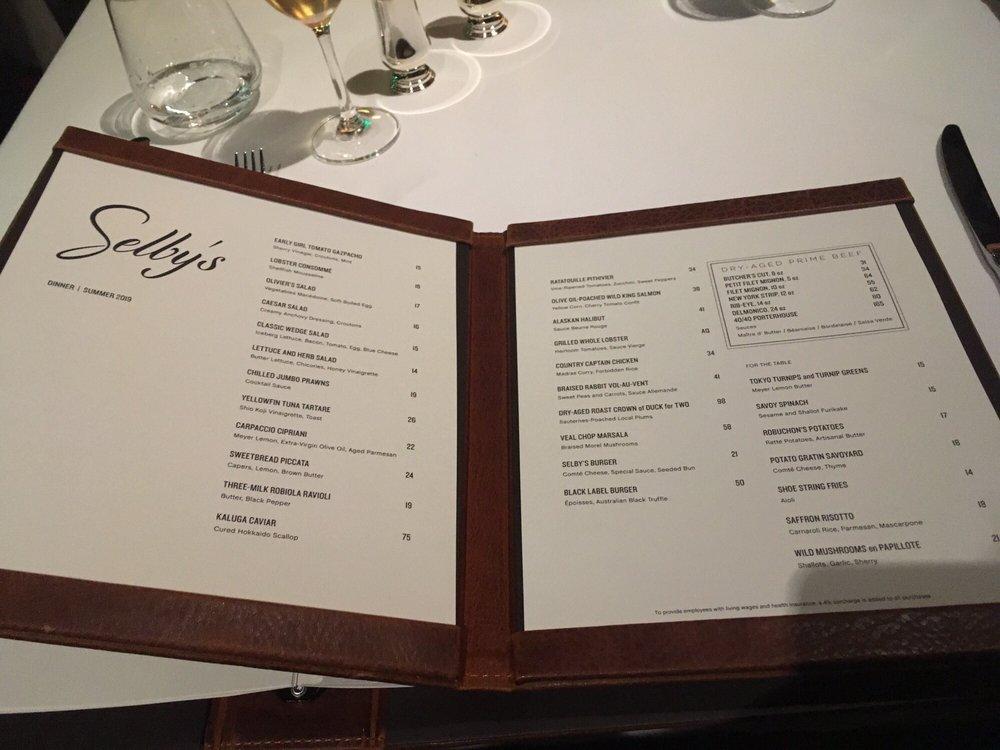 Menu at Selby's steakhouse, Redwood City