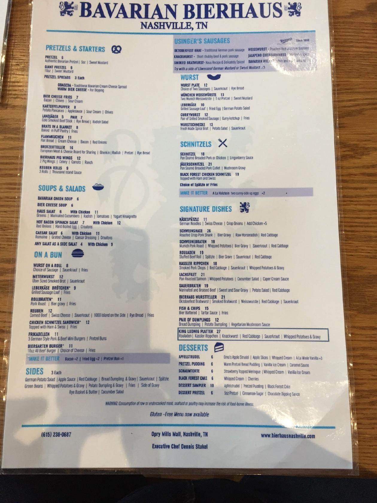 Menu at Bavarian Bierhaus pub & bar, Nashville, 121 Opry Mills Dr
