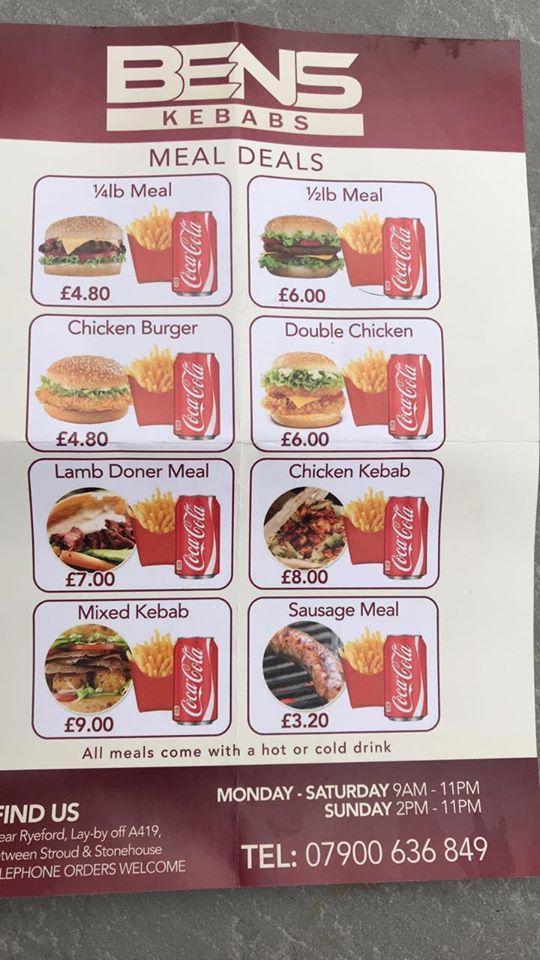 Menu at RYEFORD KEBAB VAN restaurant, Stonehouse