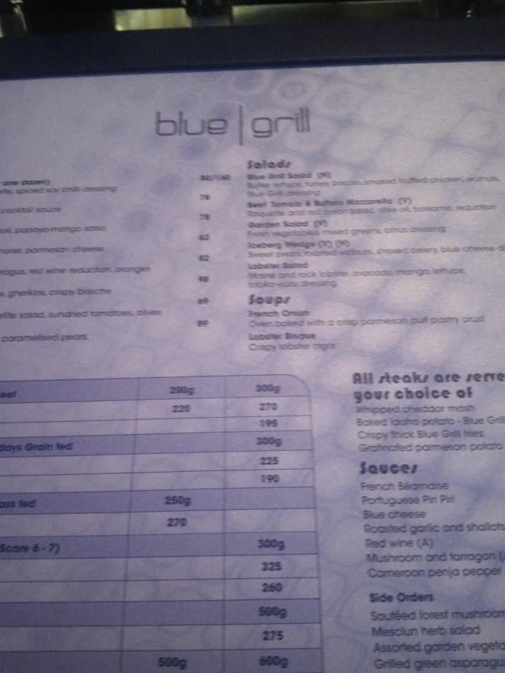 Menu at Blue Grill restaurant, Abu Dhabi, Yas Island Rotana Hotel