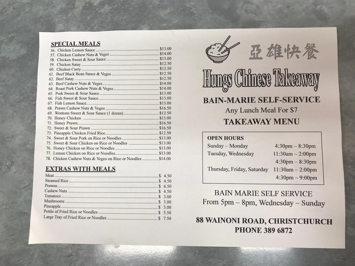 Menu at Hung’s Takeaway restaurant, Christchurch
