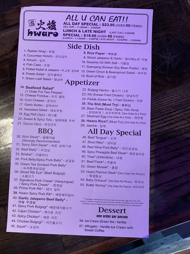 Menu at Hwaro 2 BBQ, Las Vegas