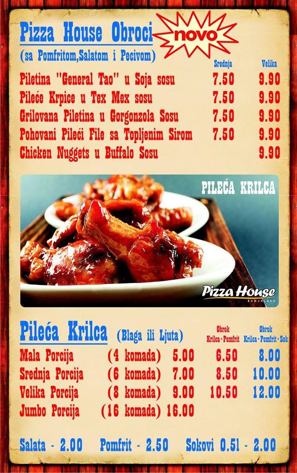 Menu at Pizza House restaurant, Banja Luka