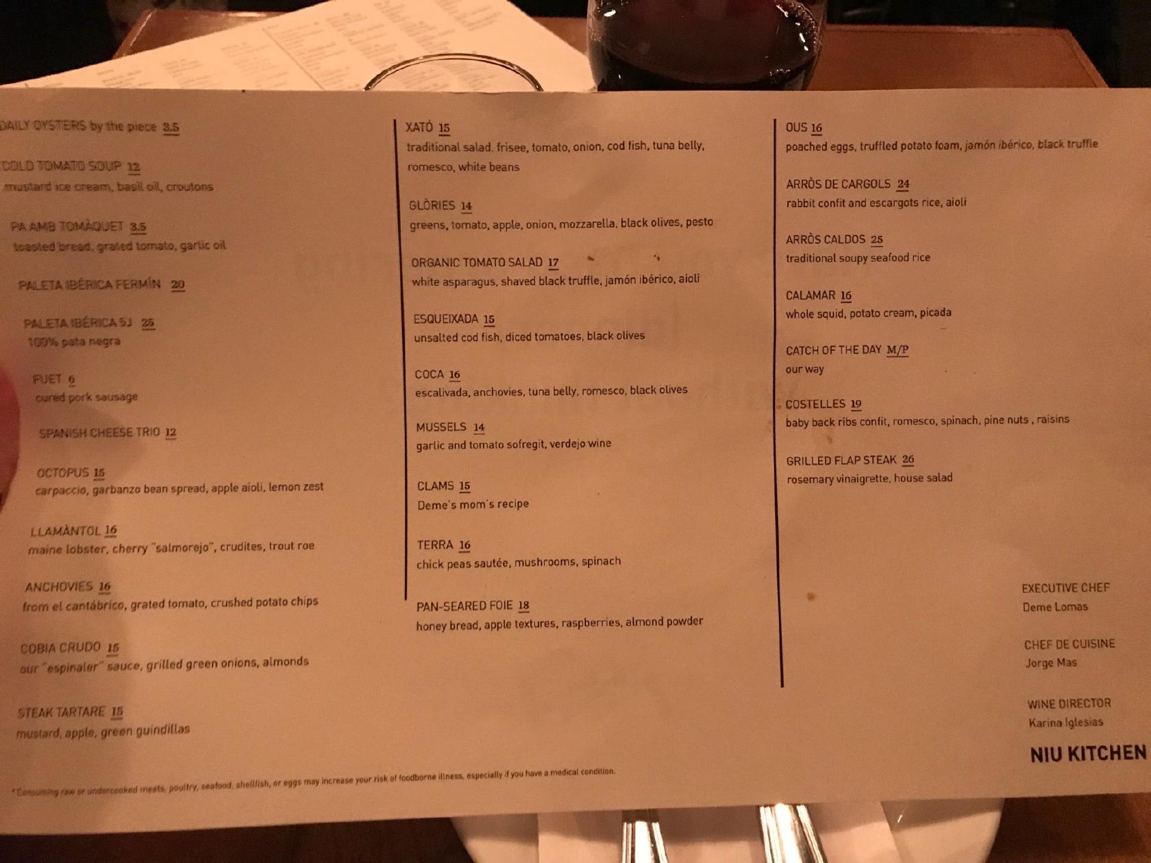 Menu at niu kitchen restaurant, Miami