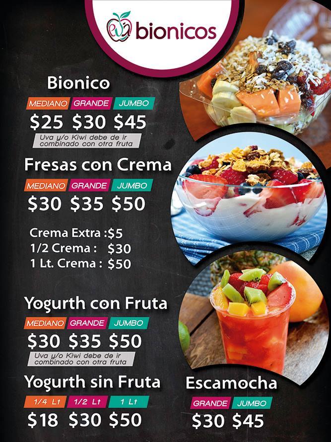 Menu at Bionicos Eva desserts, Guadalajara