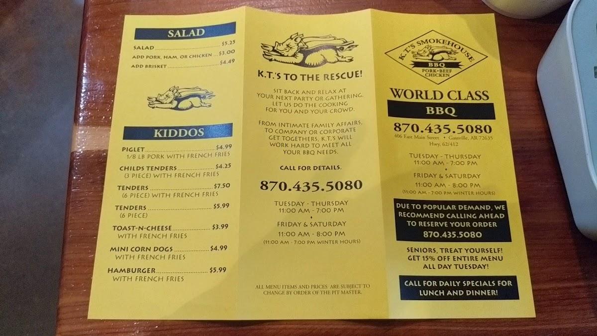 Menu at K T's Smokehouse BBQ, Gassville