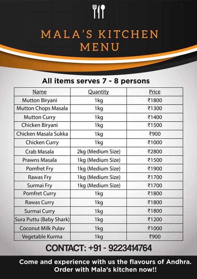 Menu at Mala's Kitchen, Mumbai