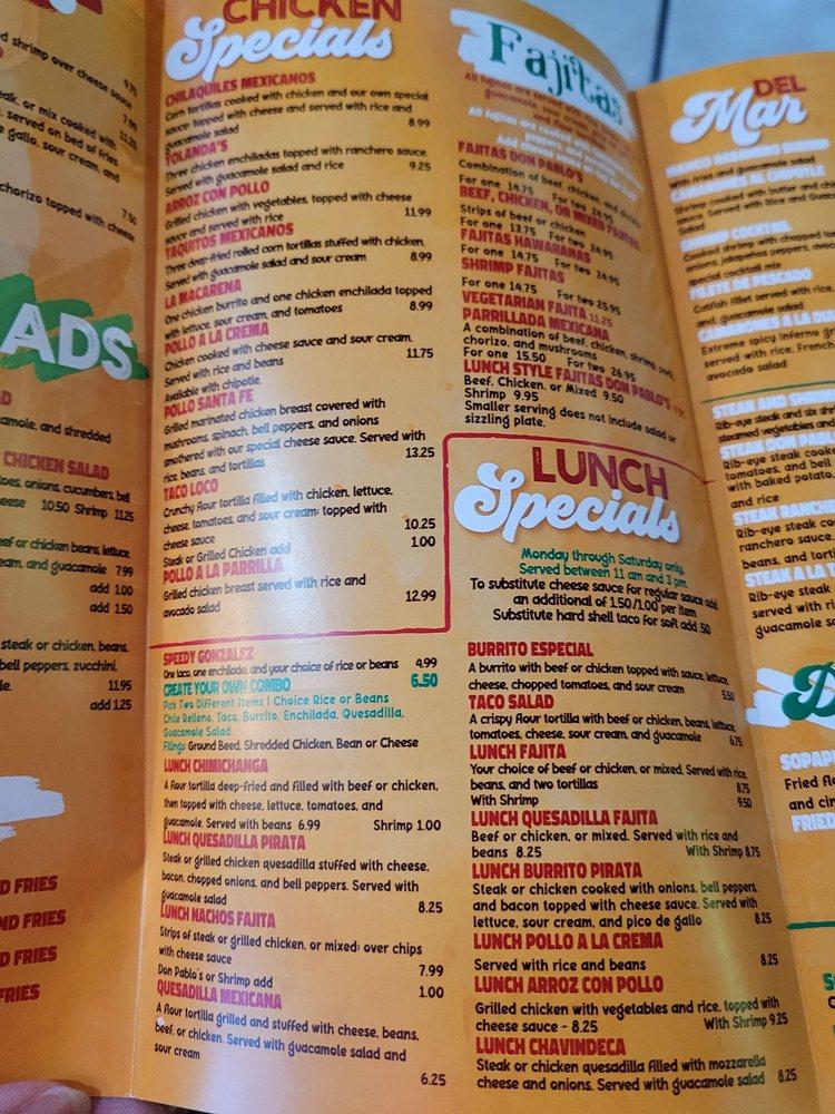 Menu at Pablo's Mexican Restaurant, North Augusta