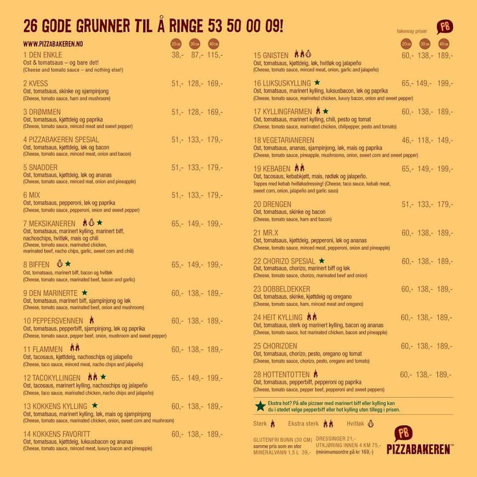 Menu at Pizzabakeren Fyllingsdalen pizzeria, Bergen, Dag Hammarskjolds ...