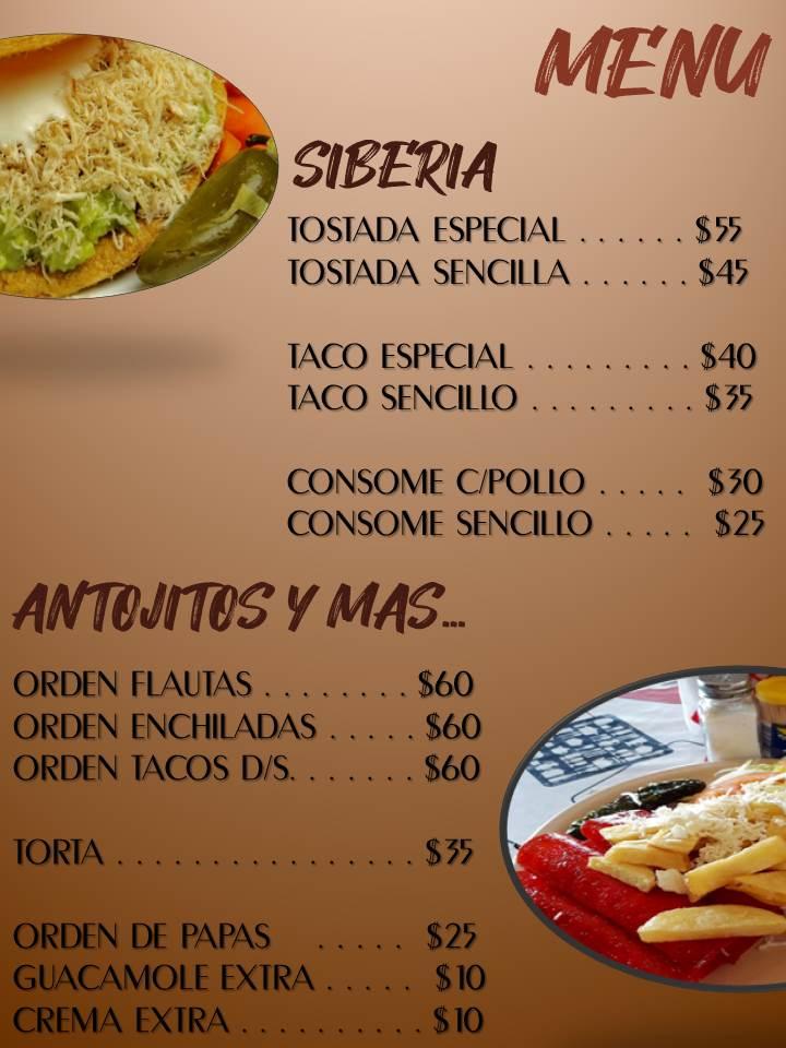 Menu at Tipo Siberia Bosques restaurant, Ciudad Apodaca