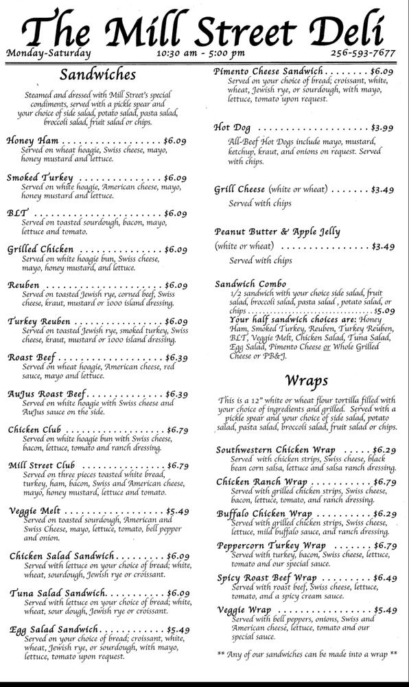 Menu at Mill Street Deli restaurant, Boaz