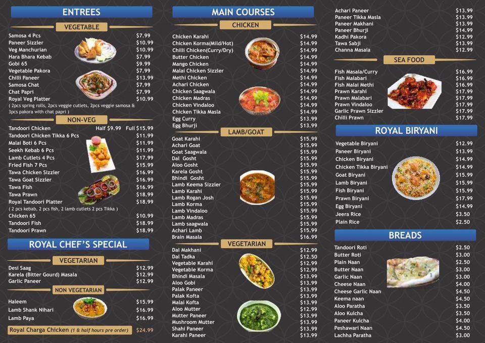 Menu at Royal Indian & Pakistani Restaurant, Pendle Hill