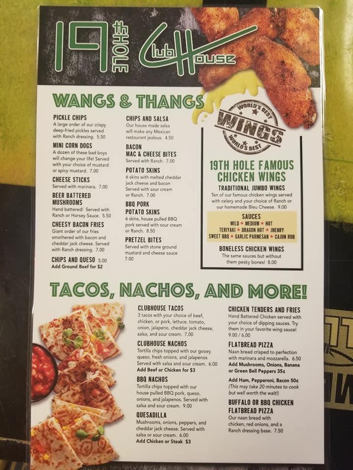 Menu at 19th Hole Club House, Cookeville