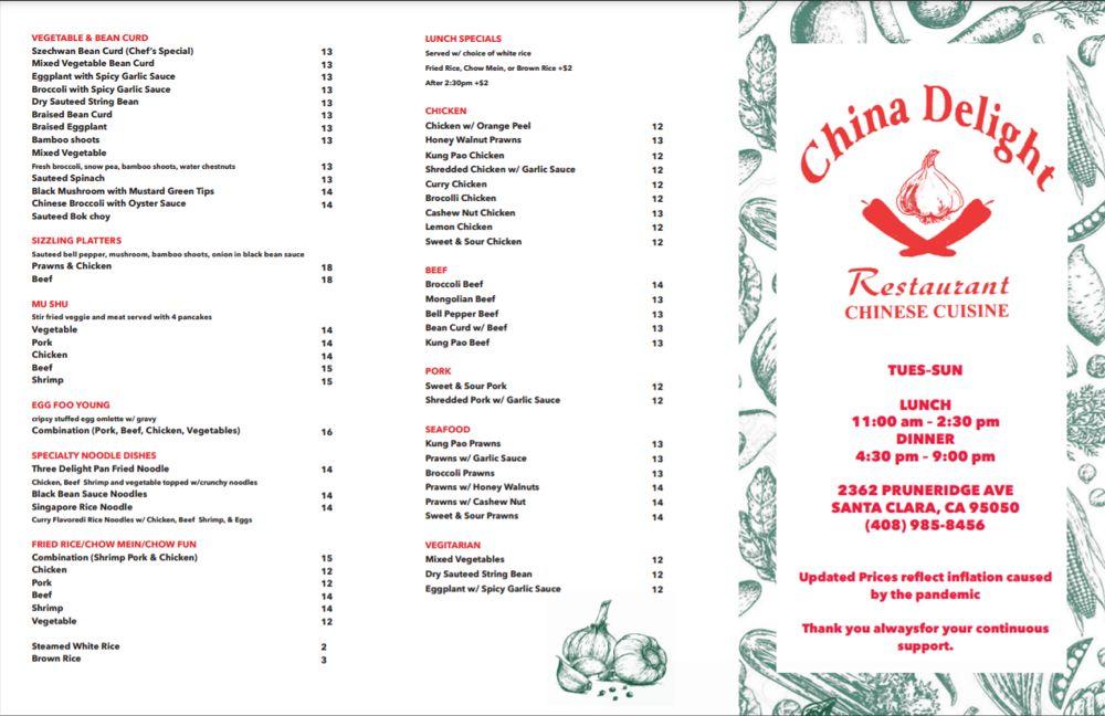 Menu at China Delight restaurant, Santa Clara, Pruneridge Ave