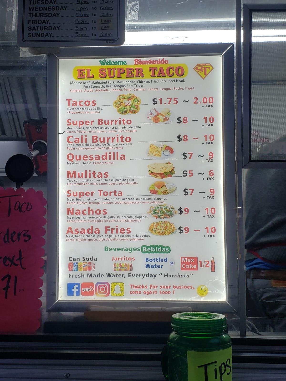 Menu at El Super Taco-N-More (Taco Truck) restaurant, Fresno, E Tulare Ave