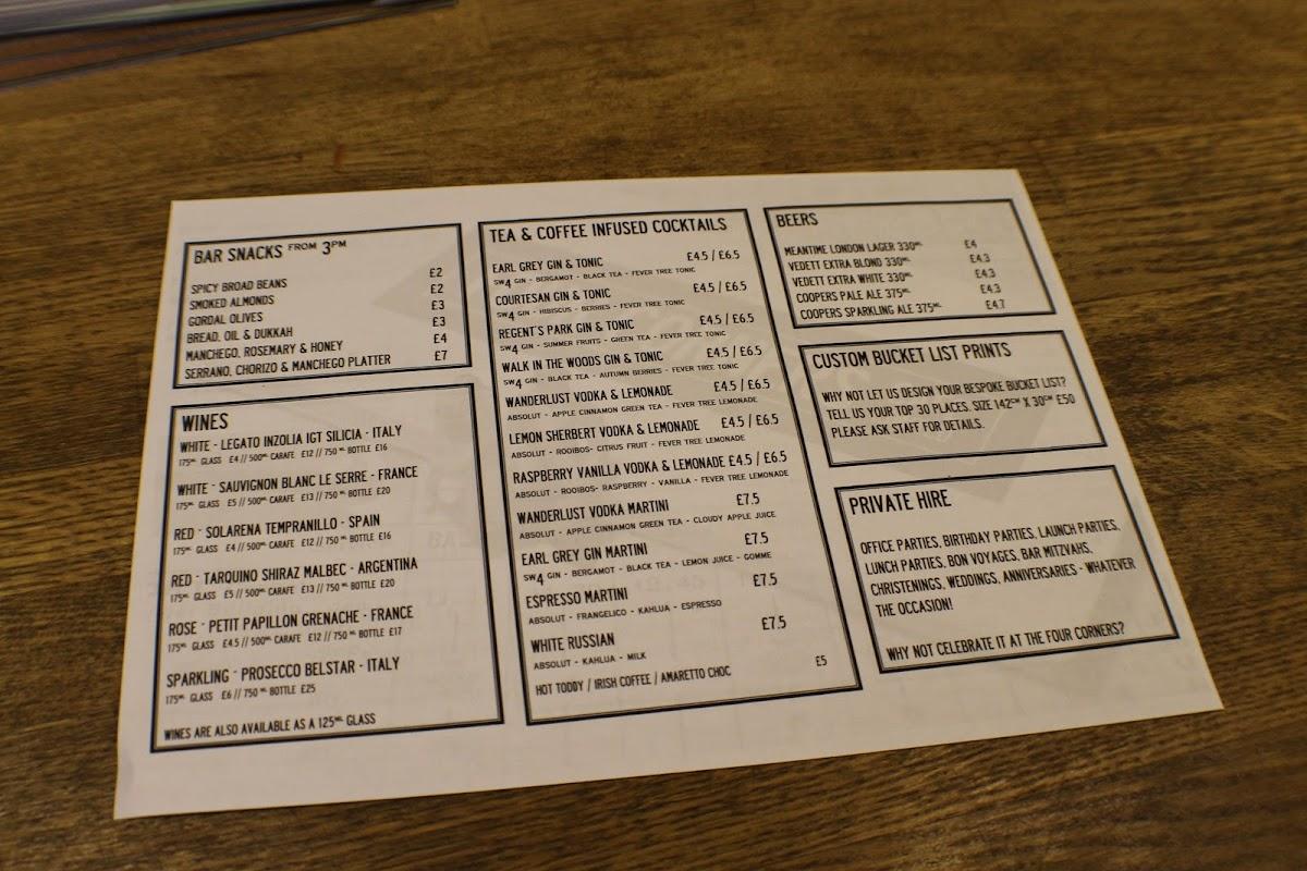 Menu at Four Corners cafe, London, 12 Lower Marsh