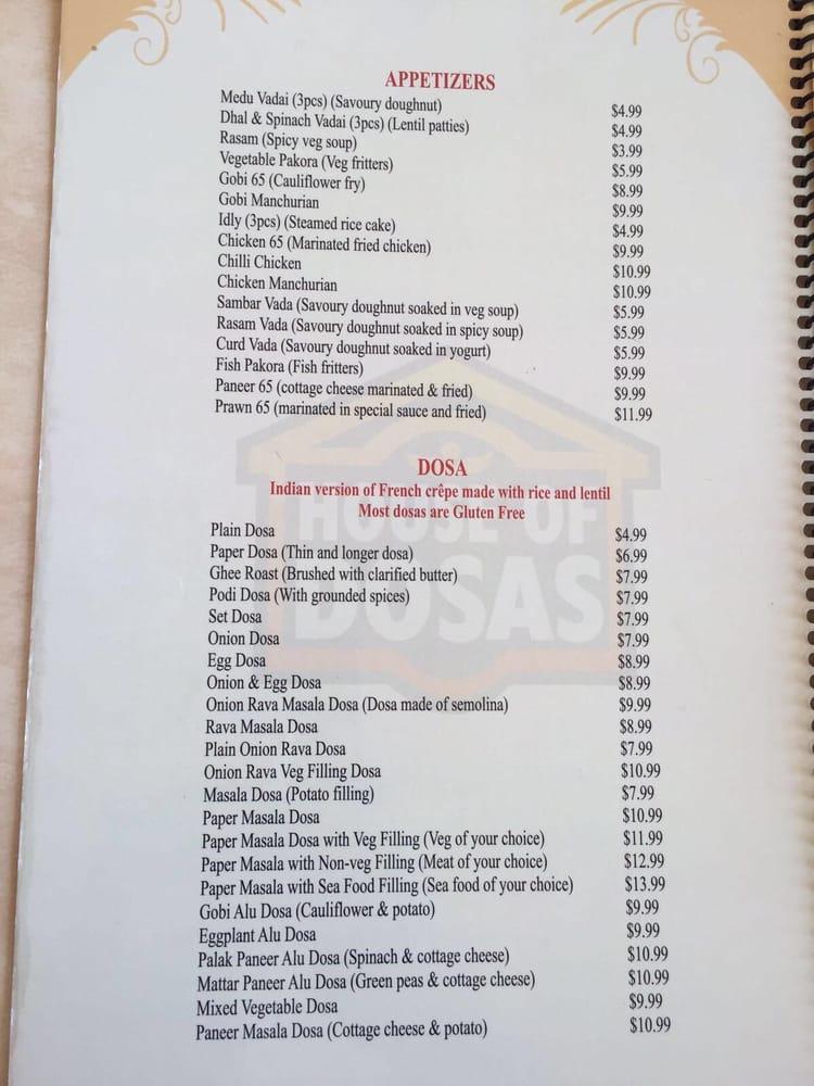Menu at House Of Dosas restaurant, Vancouver