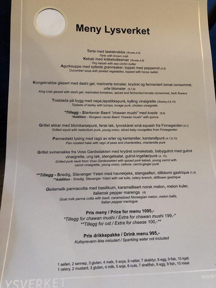 Menu at Lysverket restaurant, Bergen