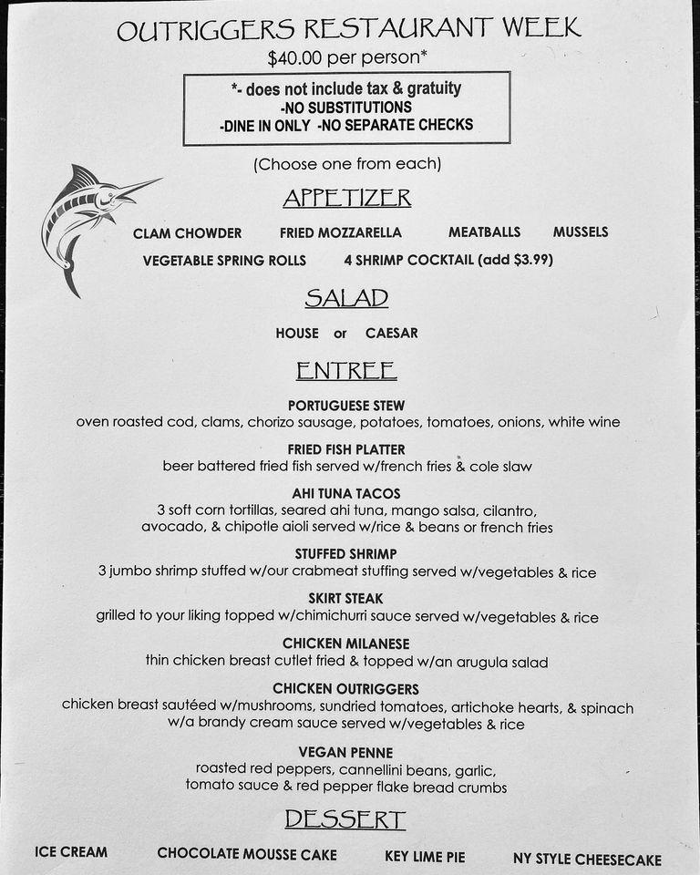 Menu at Outriggers Restaurant, Stratford