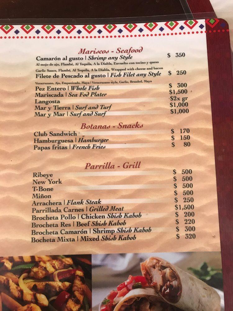 Menu at Papacito restaurant, Puerto Aventuras