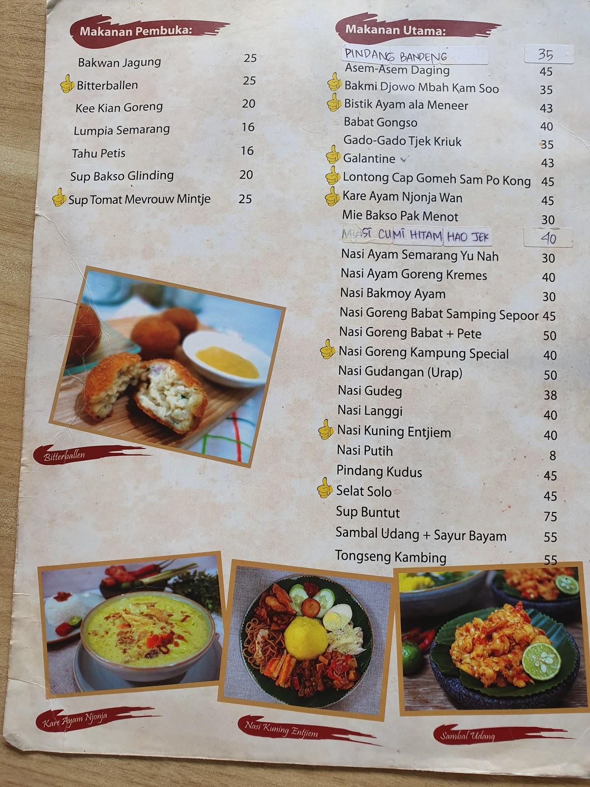 Menu at Selera Meneer restaurant, South Jakarta, Jl. Sultan Iskandar ...
