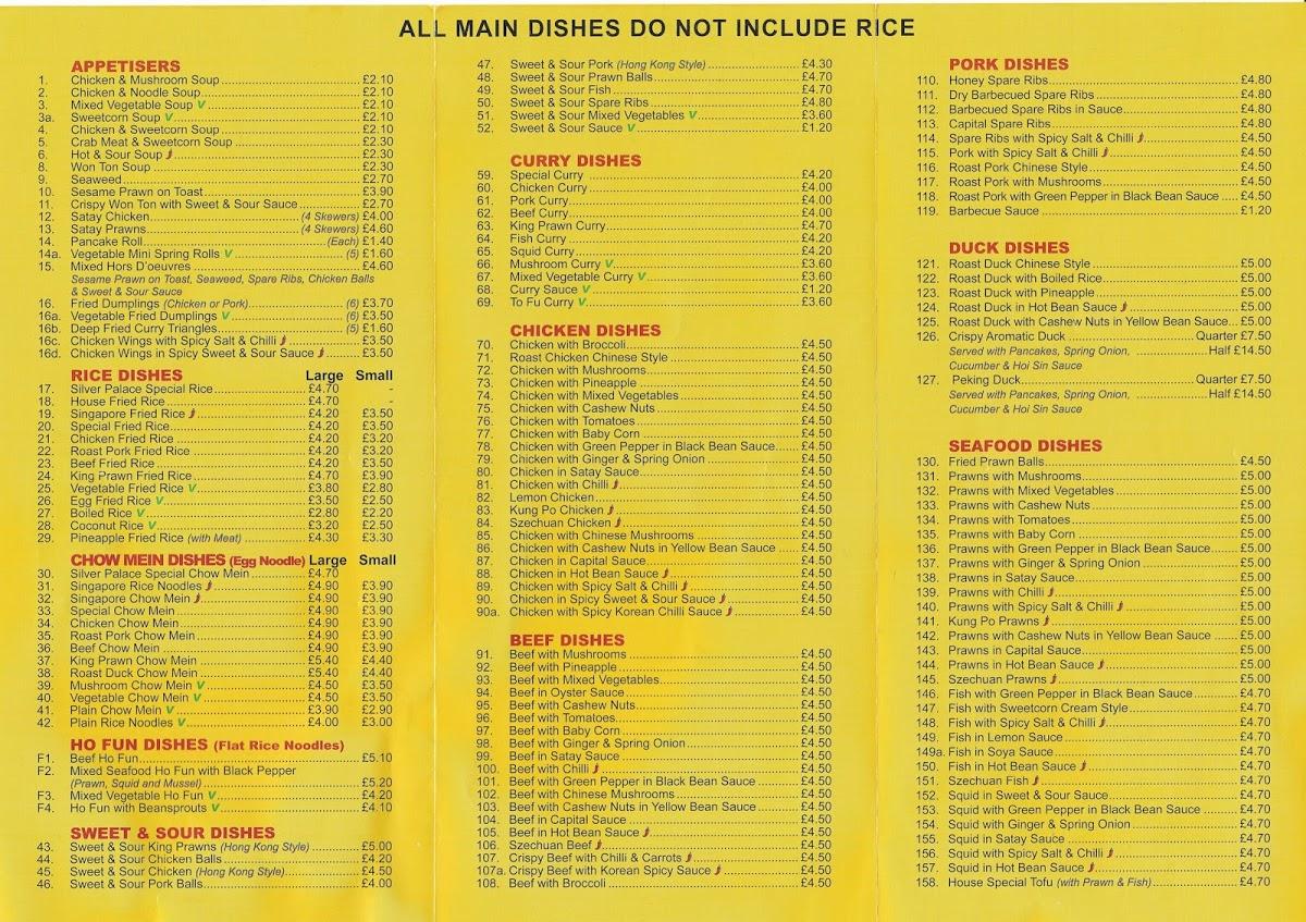 Menu at Silver Palace fast food, London