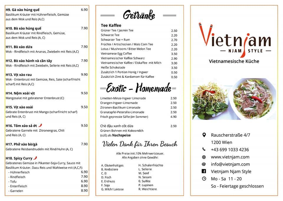 Menu at Vietnjam Njam Style restaurant, Vienna