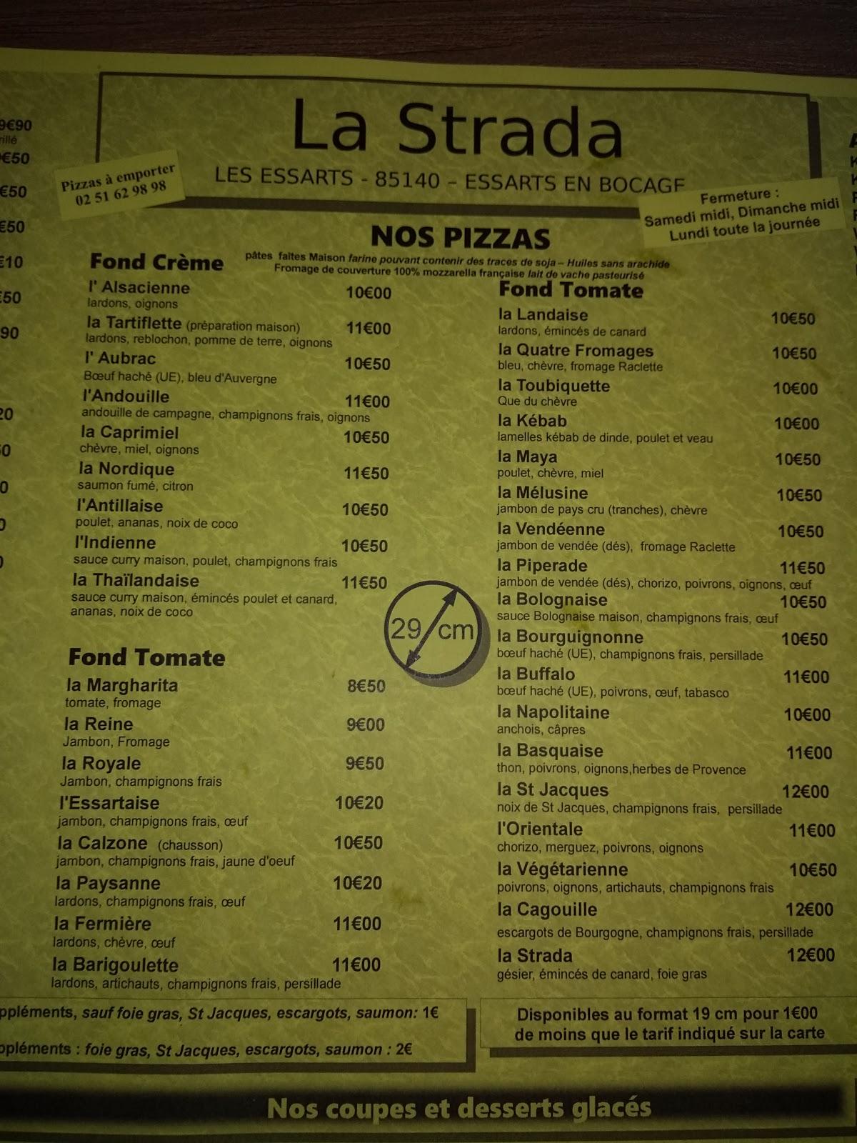 Menu au La Strada restaurant, Les Essarts