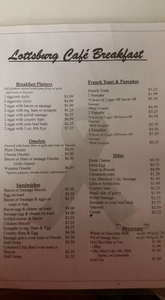 Menu at Lottsburg Cafe, Lottsburg