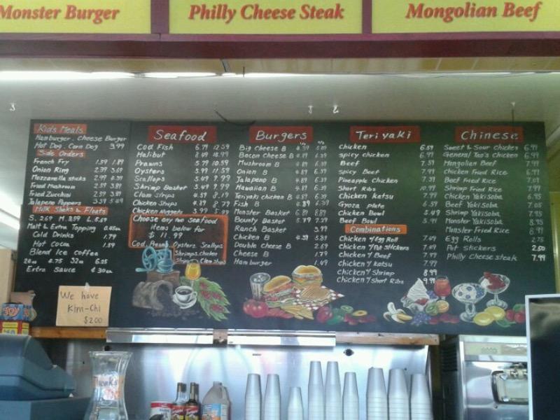 Menu at Monster Burgers restaurant, Tacoma