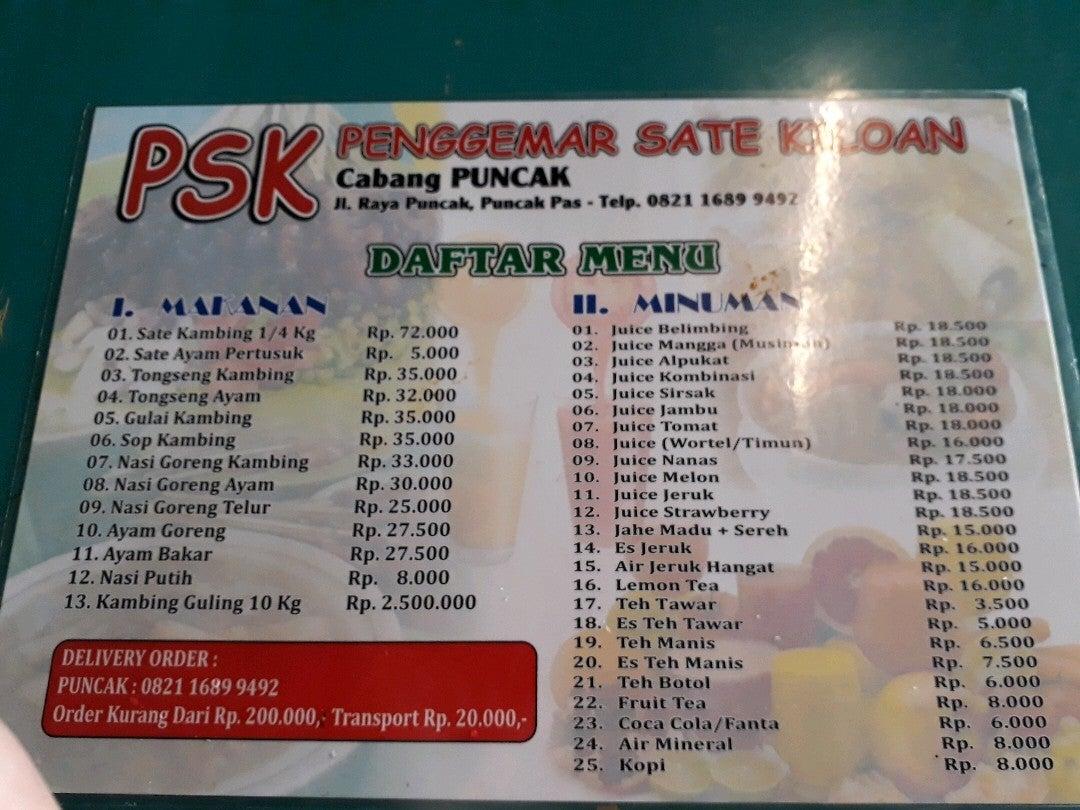 Menu at Sate Kiloan PSK restaurant, Ciloto, Jalan Raya Puncak Km. 86 ...