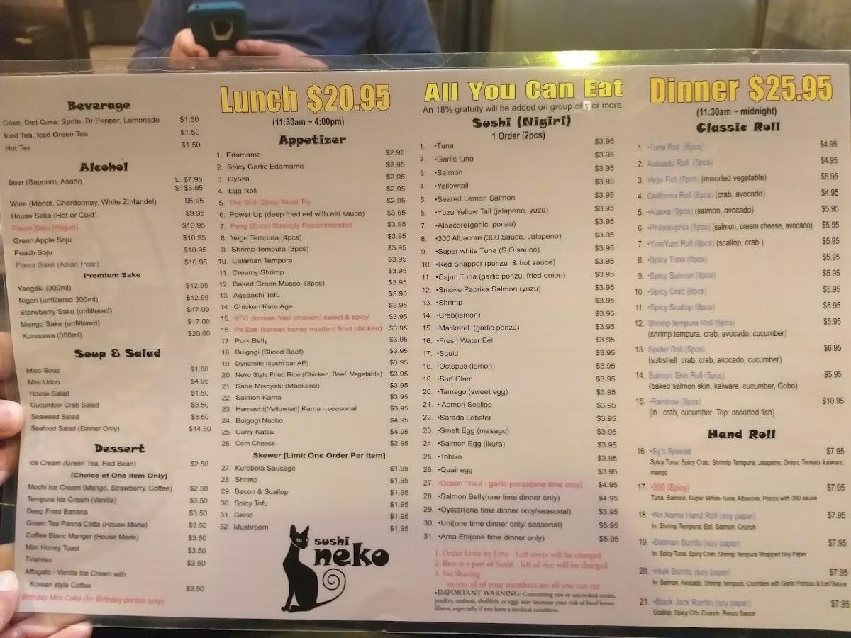 Menu at Sushi Neko restaurant, Las Vegas, W Spring Mountain Rd # 117