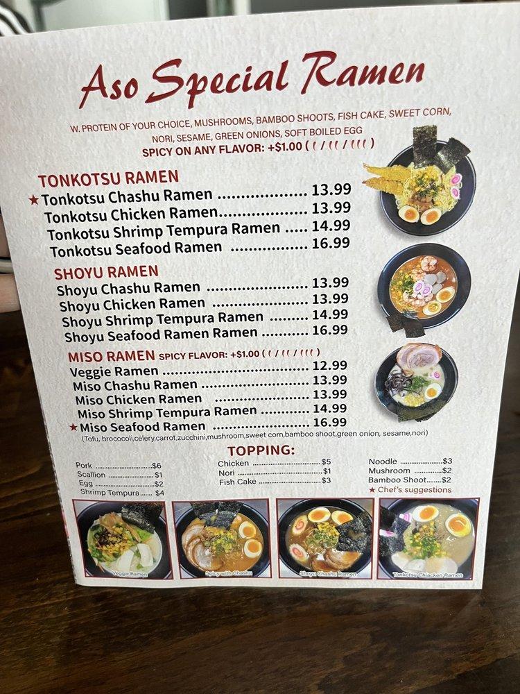 Menu at Aso Ramen restaurant, Fishers
