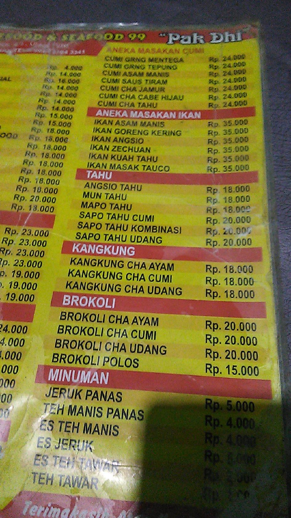 Menu at Chinese Food 99 restaurant, Yogyakarta, Jl. Magelang No.135
