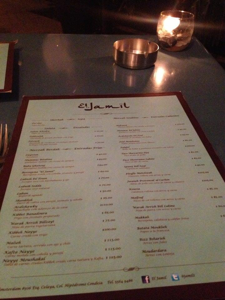 Carta del restaurante El Jamil, Ciudad del México