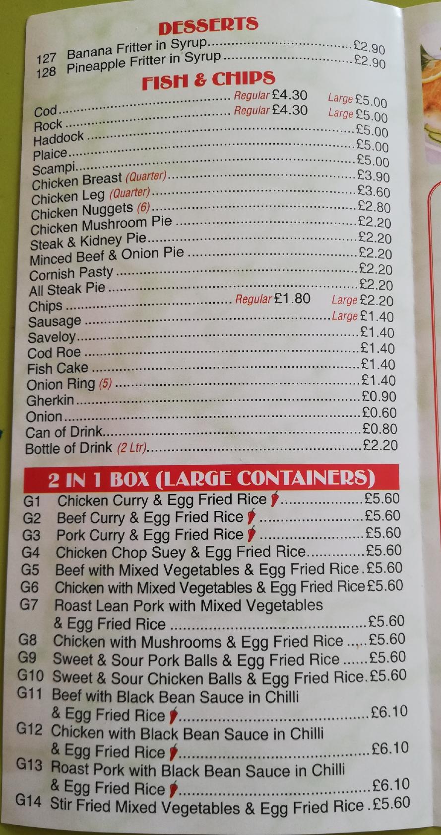 Menu at Hung Fung restaurant, Epsom