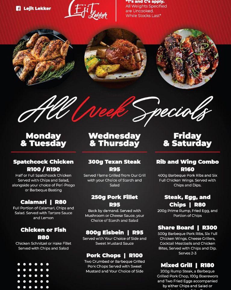 Menu at LEjiT Lekker Restaurant, Bloemfontein, General Hertzog St