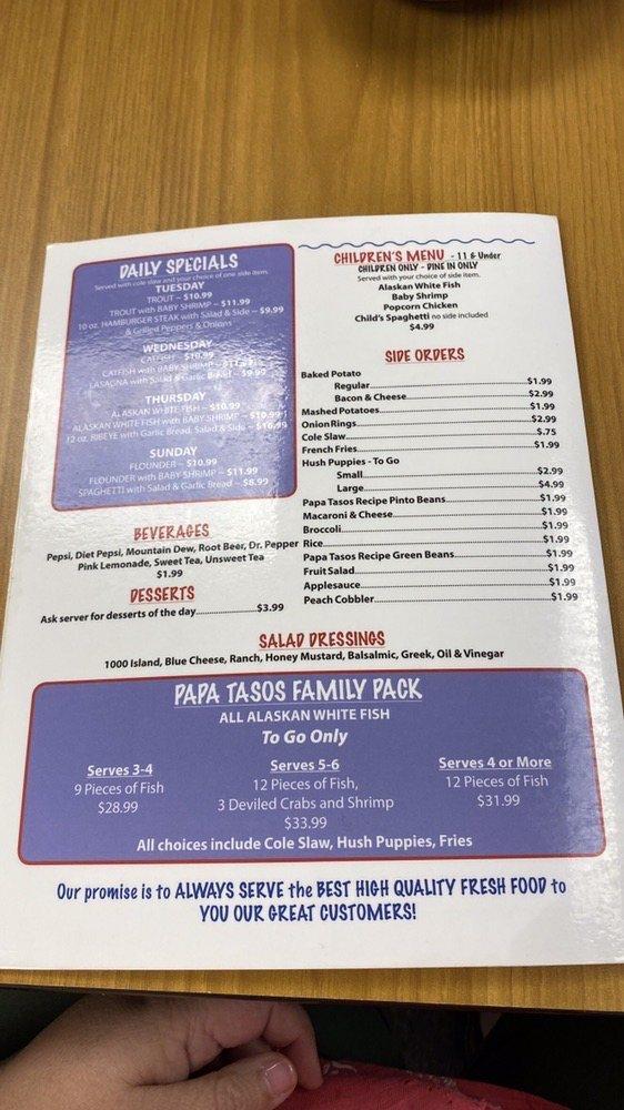 Menu at Papa Tasos restaurant, Wytheville