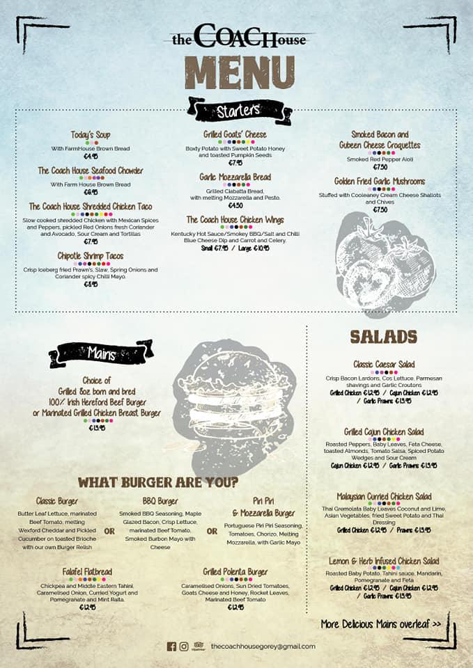 Menu at The Coach House Gastro Bar, Gorey, The Coach House 1 Main Street