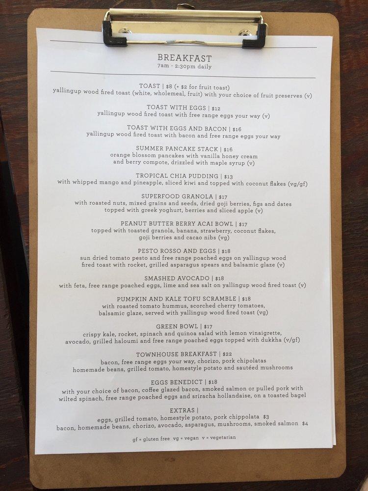 Menu at The Townhouse cafe, Bunbury
