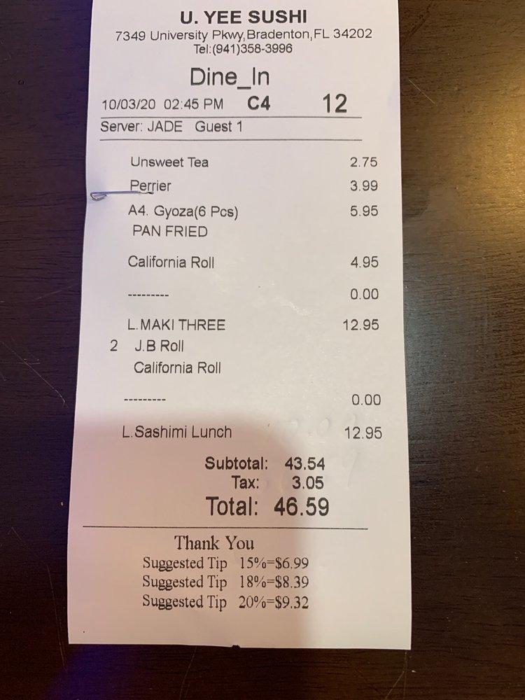 Carta del restaurante U-YEE SUSHI & GRILL, Lakewood Ranch