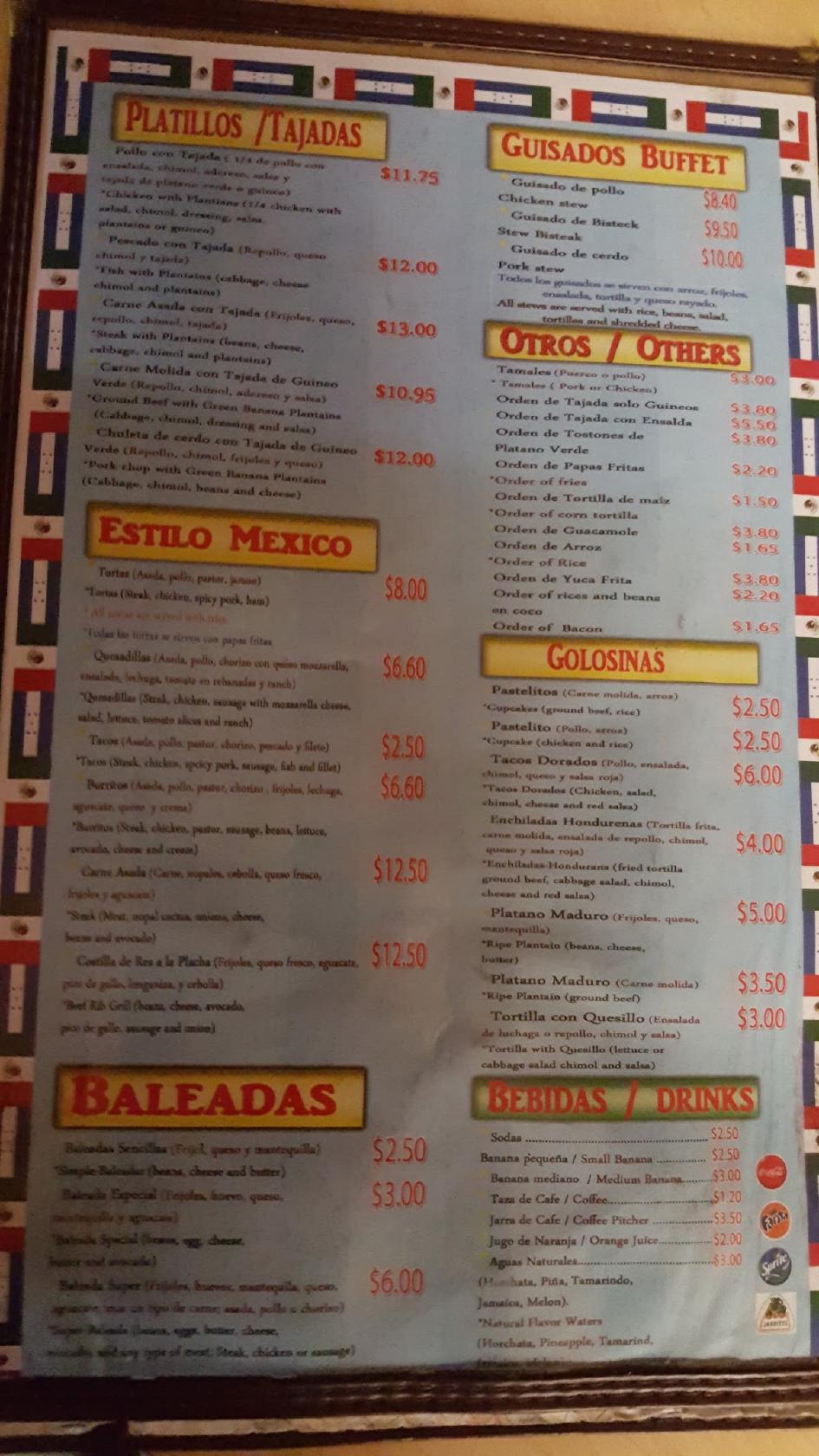 Menu at Baleadas Express Almas restaurant, Memphis