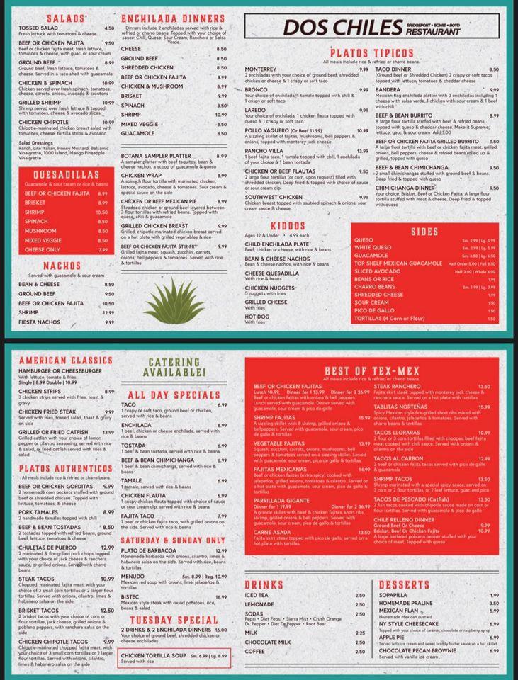 Menu at Dos Chiles restaurant, Graham
