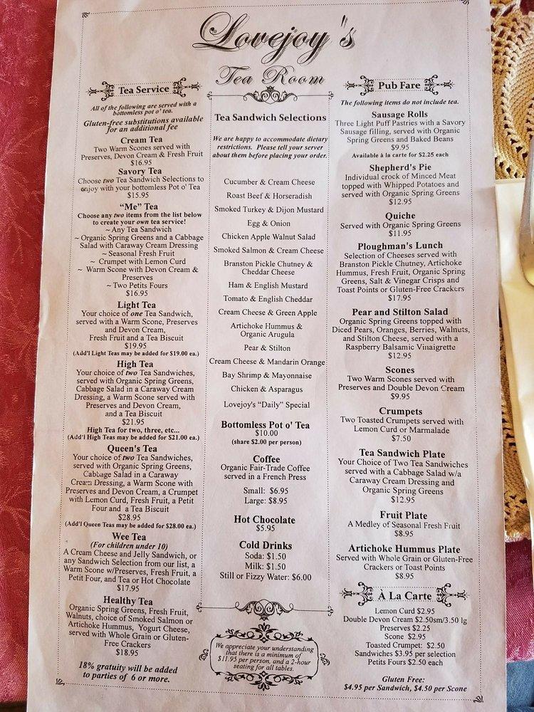 Menu at Lovejoy's Tea Room cafe, San Francisco