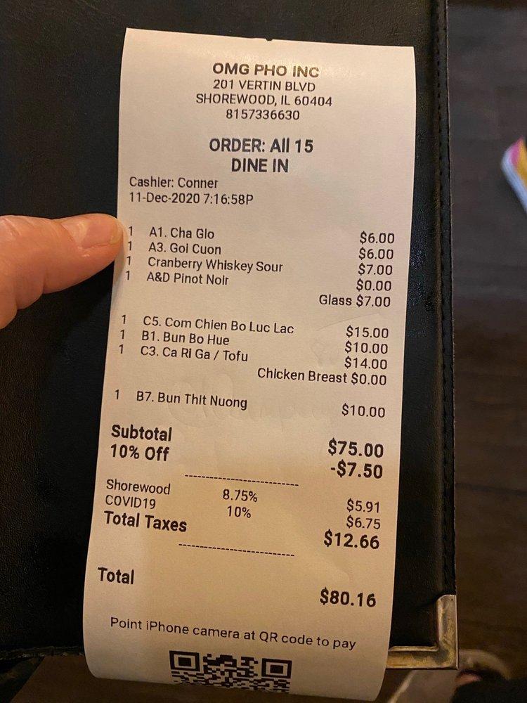 Menu at OMG Pho restaurant, Shorewood