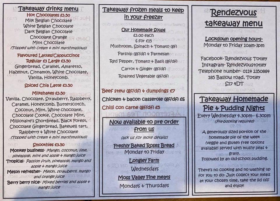 Menu at Rendezvous cafe, Sheffield, 185 Baslow Rd