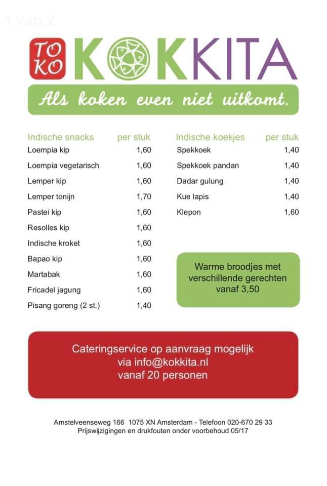 Menu at Toko Kok Kita, Amsterdam