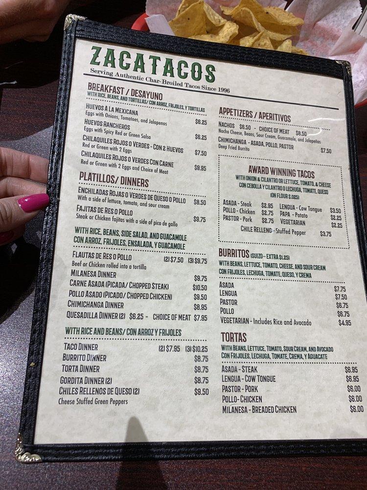 Menu at Zacatacos restaurant, Berwyn, Cermak Rd