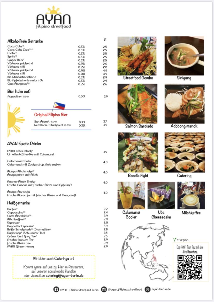 Speisekarte von AYAN filipino streetfood restaurant, Berlin