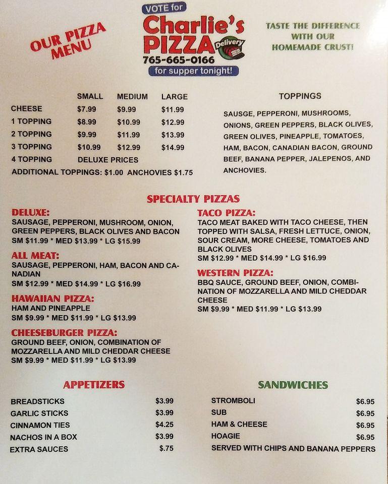 Menu at Charlies Pizza pizzeria, Dana